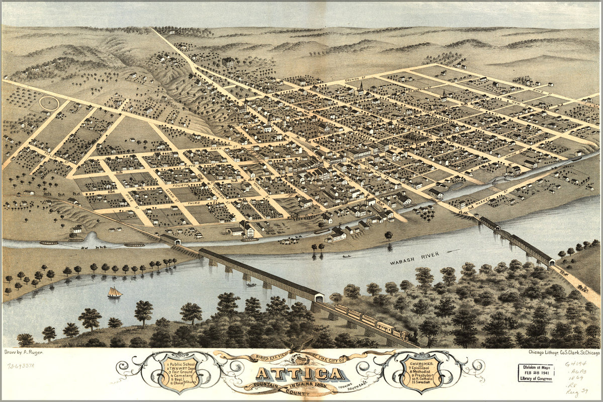 24"x36" Gallery Poster, Birdseye view map of Attica, Indiana 1869 ...
