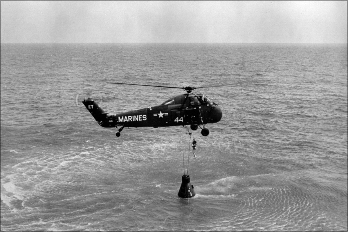 24"x36" Gallery Poster, astronaut Alan B. Shepard Jr. hoisted by UH-34 ...