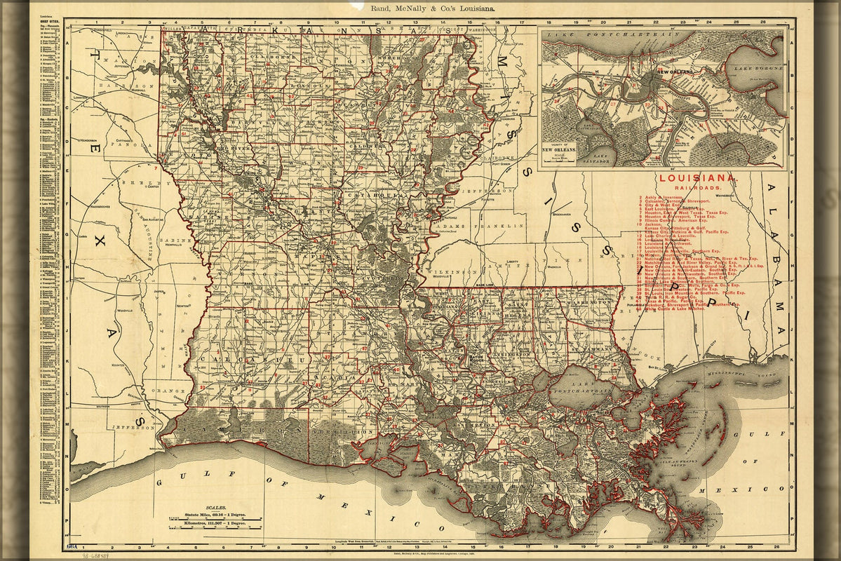 Poster, Many Sizes Available; Map Of Louisiana 1895 ...